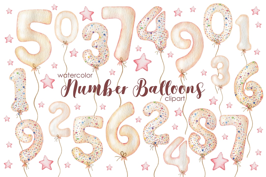Watercolor Number Balloons Clipart: Pink Glitter Party (digital ...