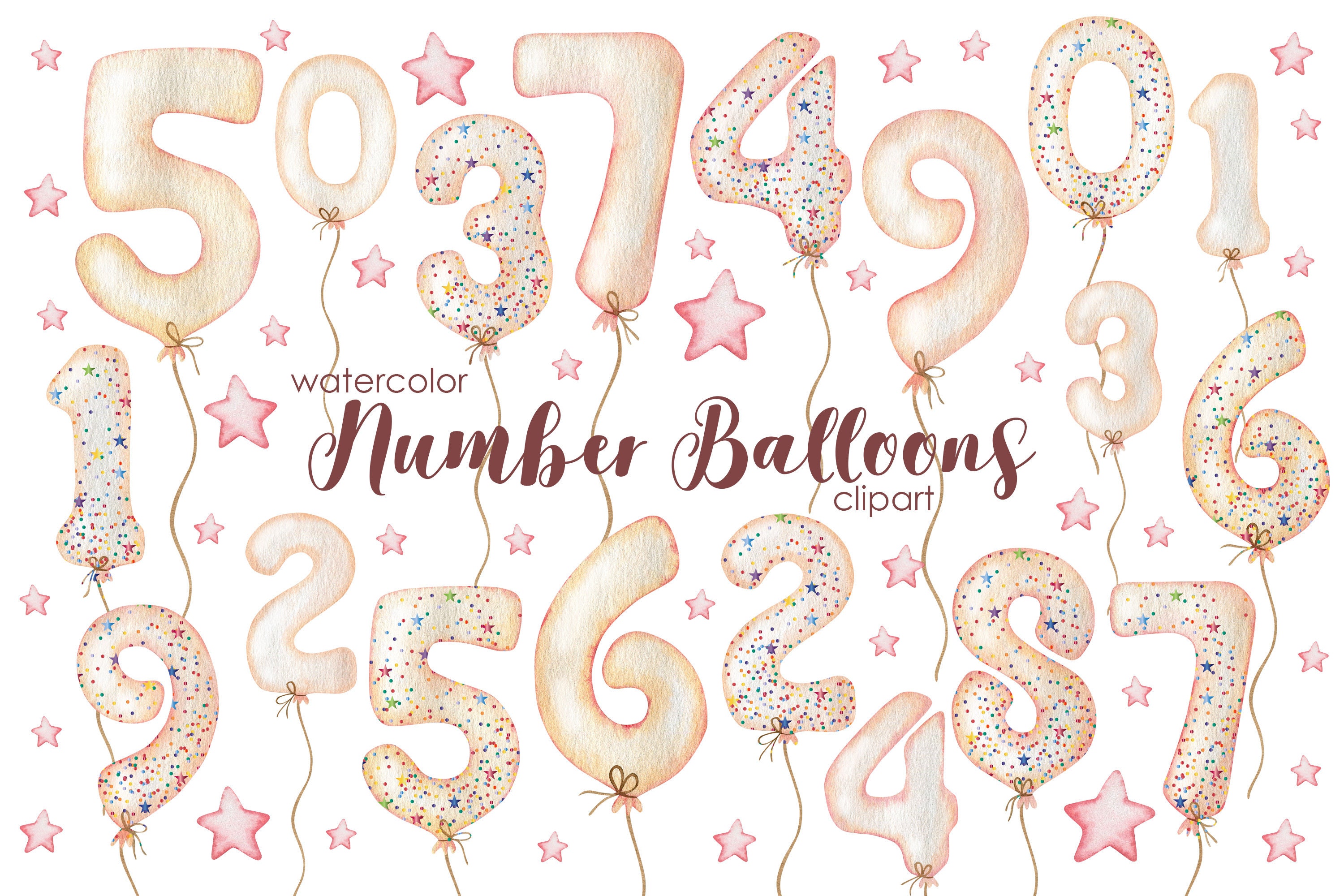 Watercolor Number Pink Balloons Clipart, Planner Stickers, Birthday ...