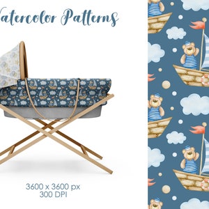 Watercolor Bear Sailor Seamless Patterns, Cute Bear Nautical,digital ...