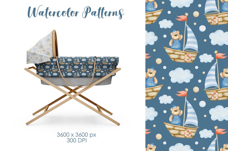 Watercolor Bear Sailor Seamless Patterns: Nautical Baby Art (digital ...