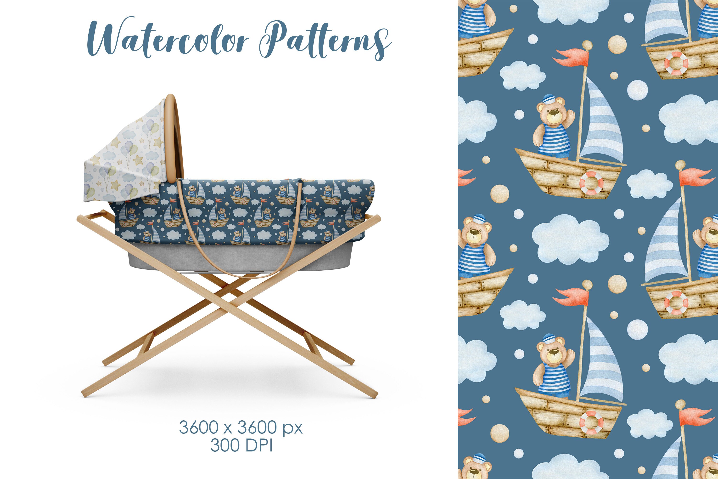 Watercolor Bear Sailor Seamless Patterns, Cute Bear Nautical,digital ...