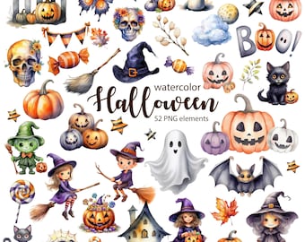 Halloween Watercolor Clipart, Cute Monsters, Spooky Skull, Witch (PNG ...
