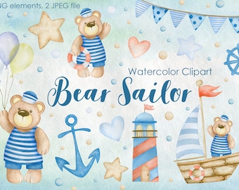 Let's Sail Away Watercolor Clip Arts, Bear, Sailor, Nautical, Woodland ...