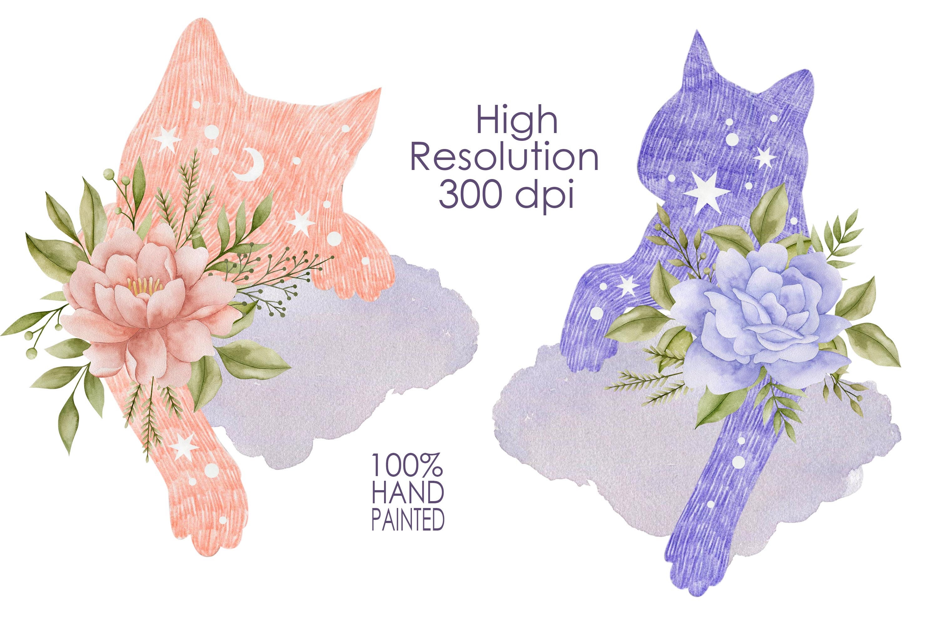 Watercolor Cats and Flowers Clipart Flower Clipart Cats - Etsy
