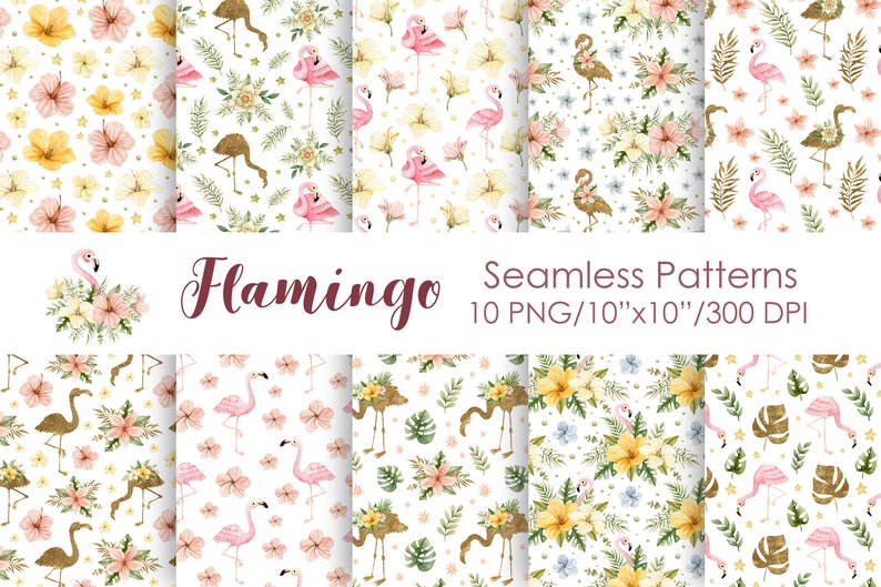 Watercolor Flamingo Seamless Patterns: Tropical Floral Designs (digital ...