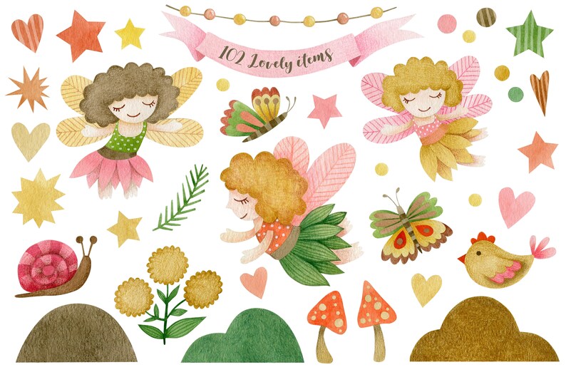 Watercolor Fairy Garden Clipart, Cute Fairies Girls, Party Elves, Hand ...