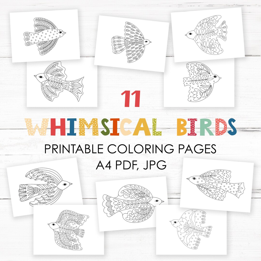 Whimsical Bird Coloring Pages, Folk Art Style (PDF Format A4 Size) - Etsy