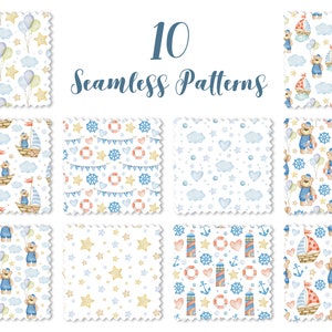 Watercolor Bear Sailor Seamless Patterns, Cute Bear Nautical,digital ...