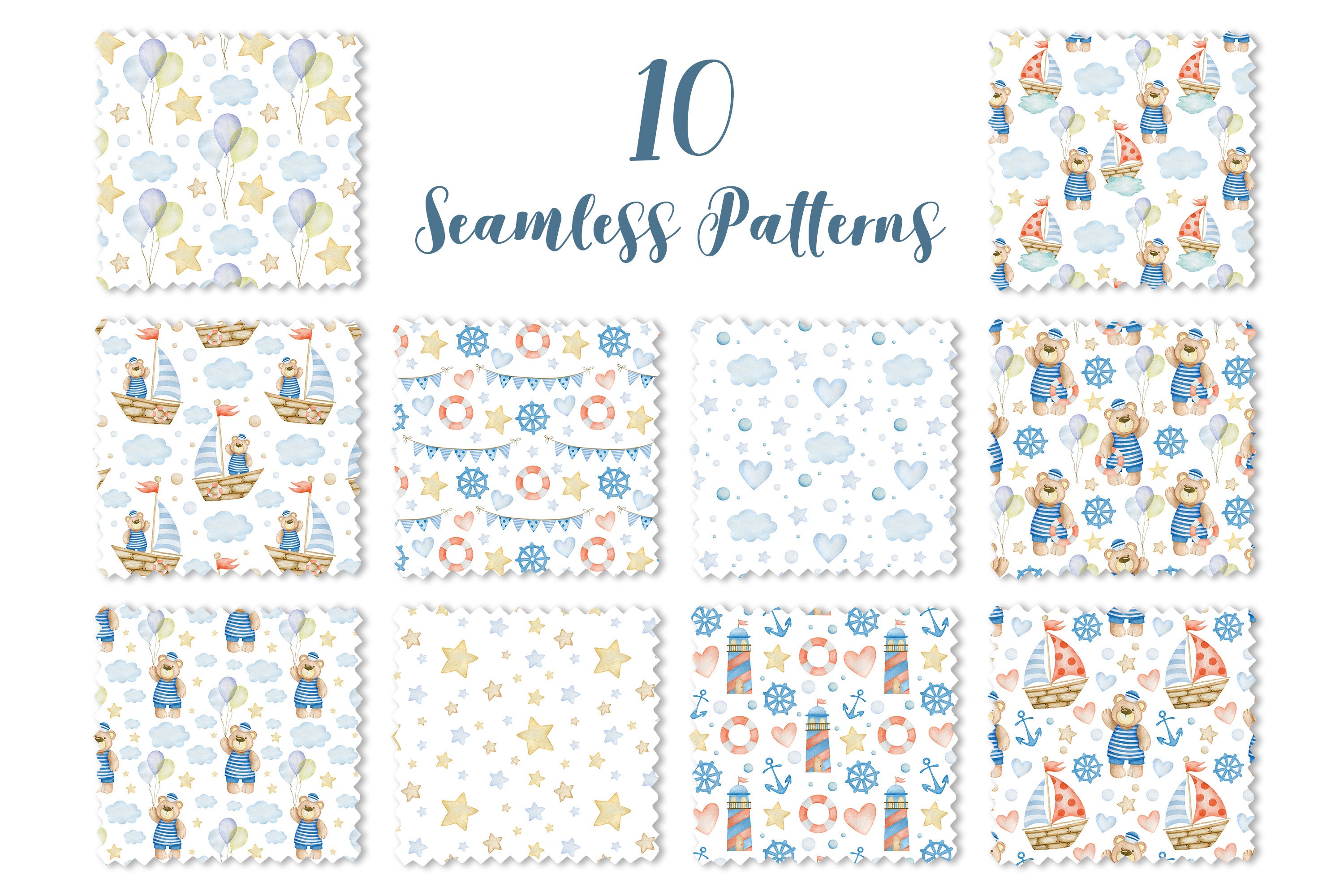 Watercolor Bear Sailor Seamless Patterns, Cute Bear Nautical,digital ...