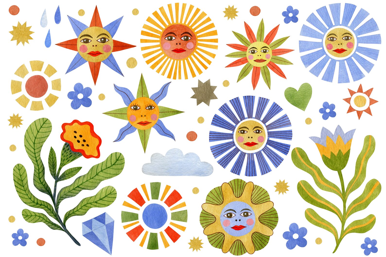 Watercolor Sun Clipart, Hand Painted Digital Sun Clip Art, Yellow ...