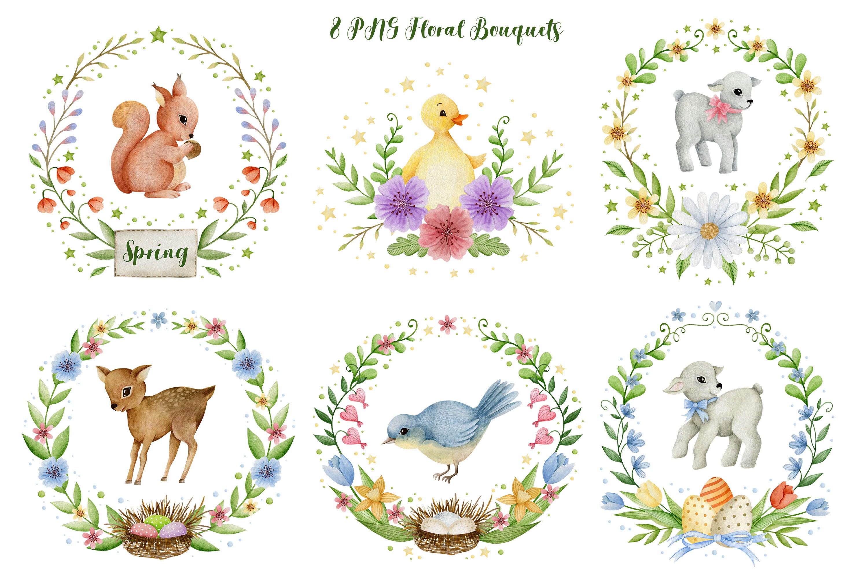 Watercolor Wreath With Animals and Flowers PNG, Download Farm Animal in ...