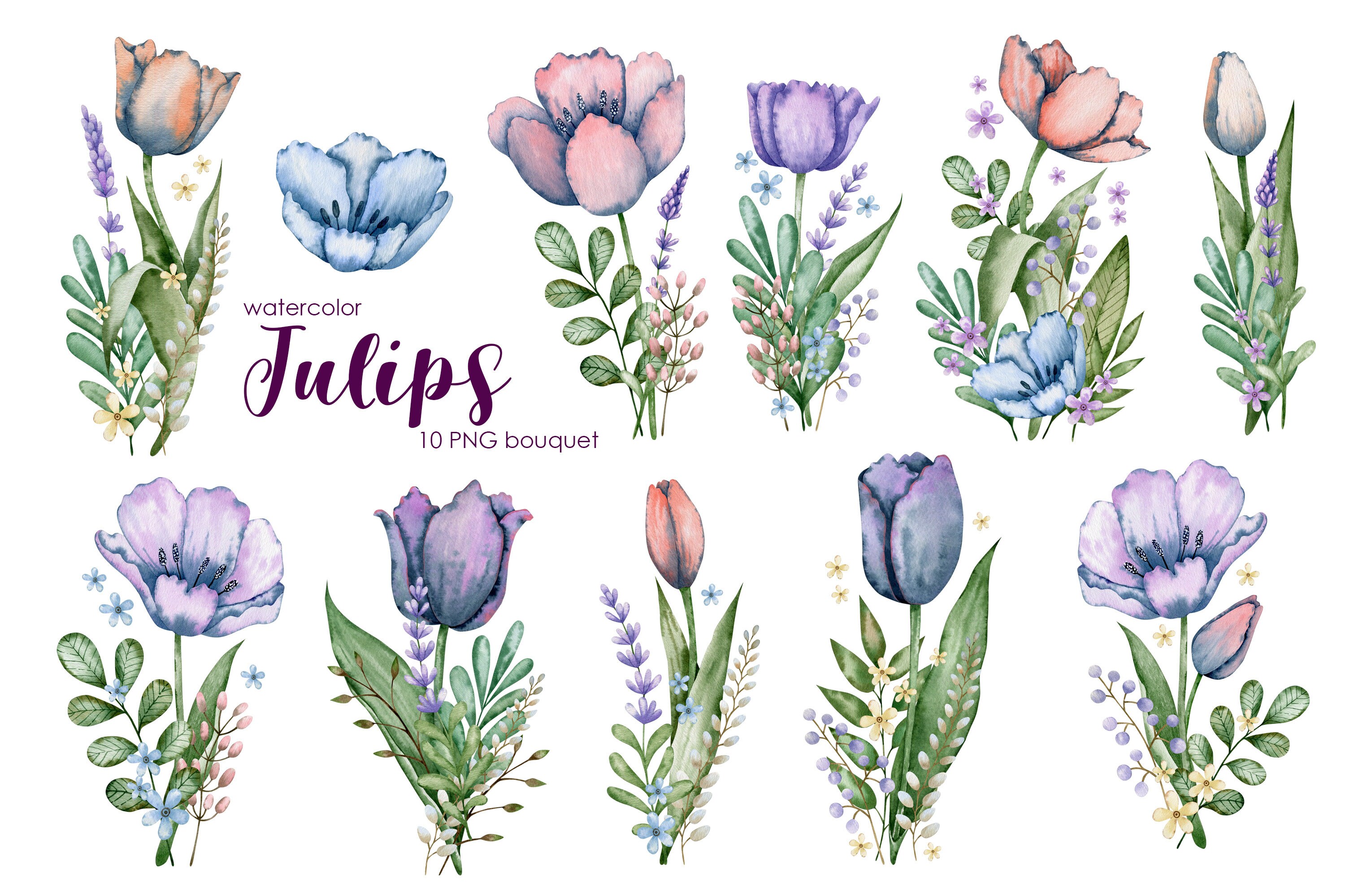 Watercolor Tulips Bouquets Clipart, Flowers PNG, Easter, Spring, Tulips ...