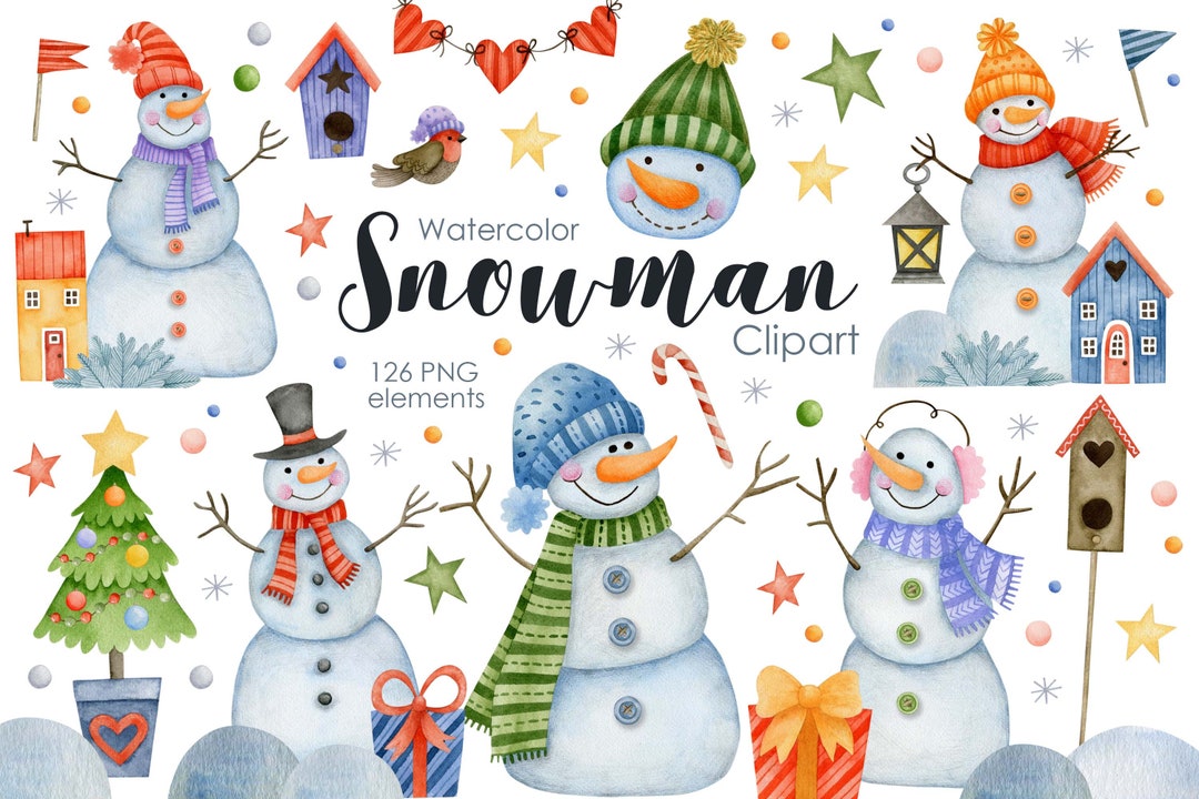 Cute Watercolor Snowman Clipart, Winter Images, Xmas Graphics, Hand ...