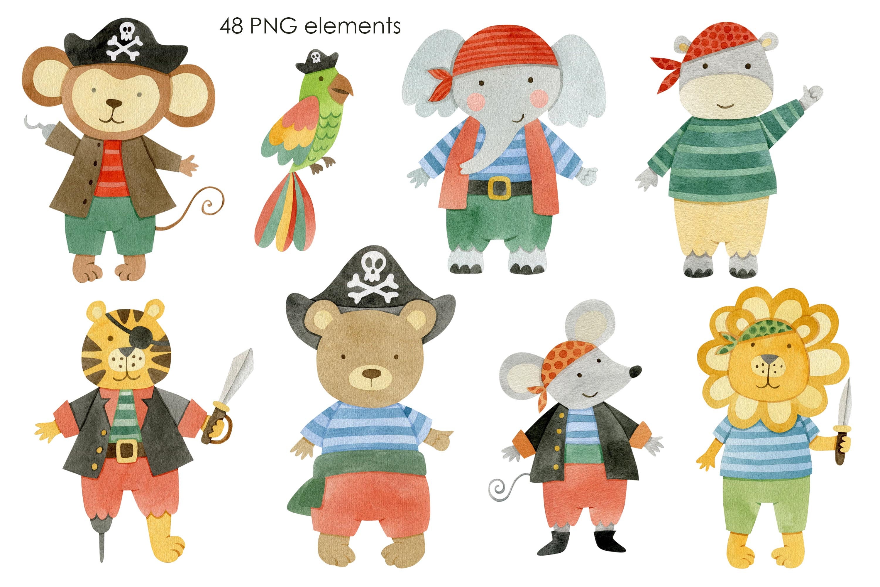 Watercolor Pirates Clipart, Instant Download, Pirate Ship, Pirate Party ...