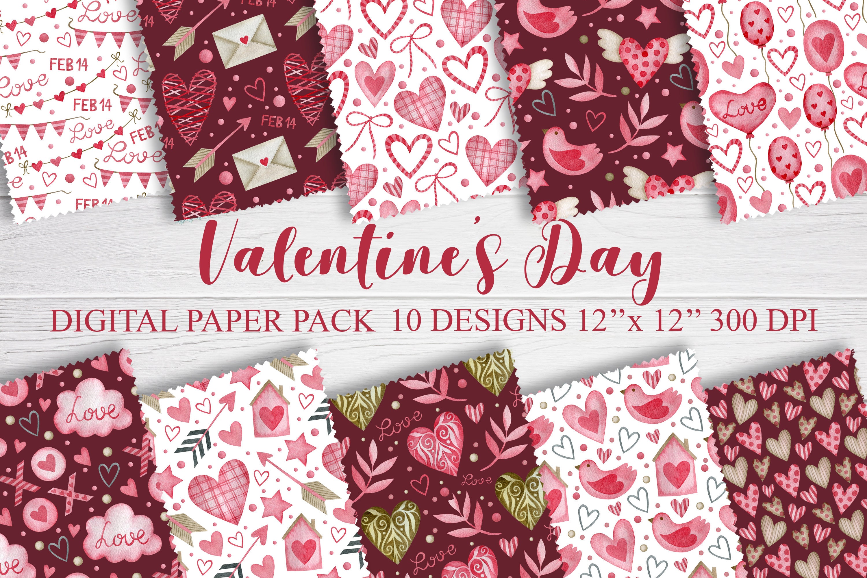 Watercolor Valentine's Day Digital Paper Pack: Pink Hearts (digital ...
