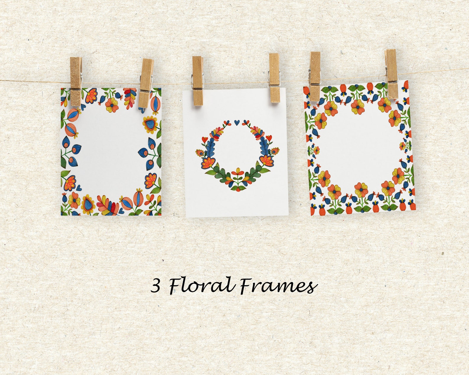 Watercolor Folk Art Floral Clipart: Seamless Pattern & Frames (digital ...