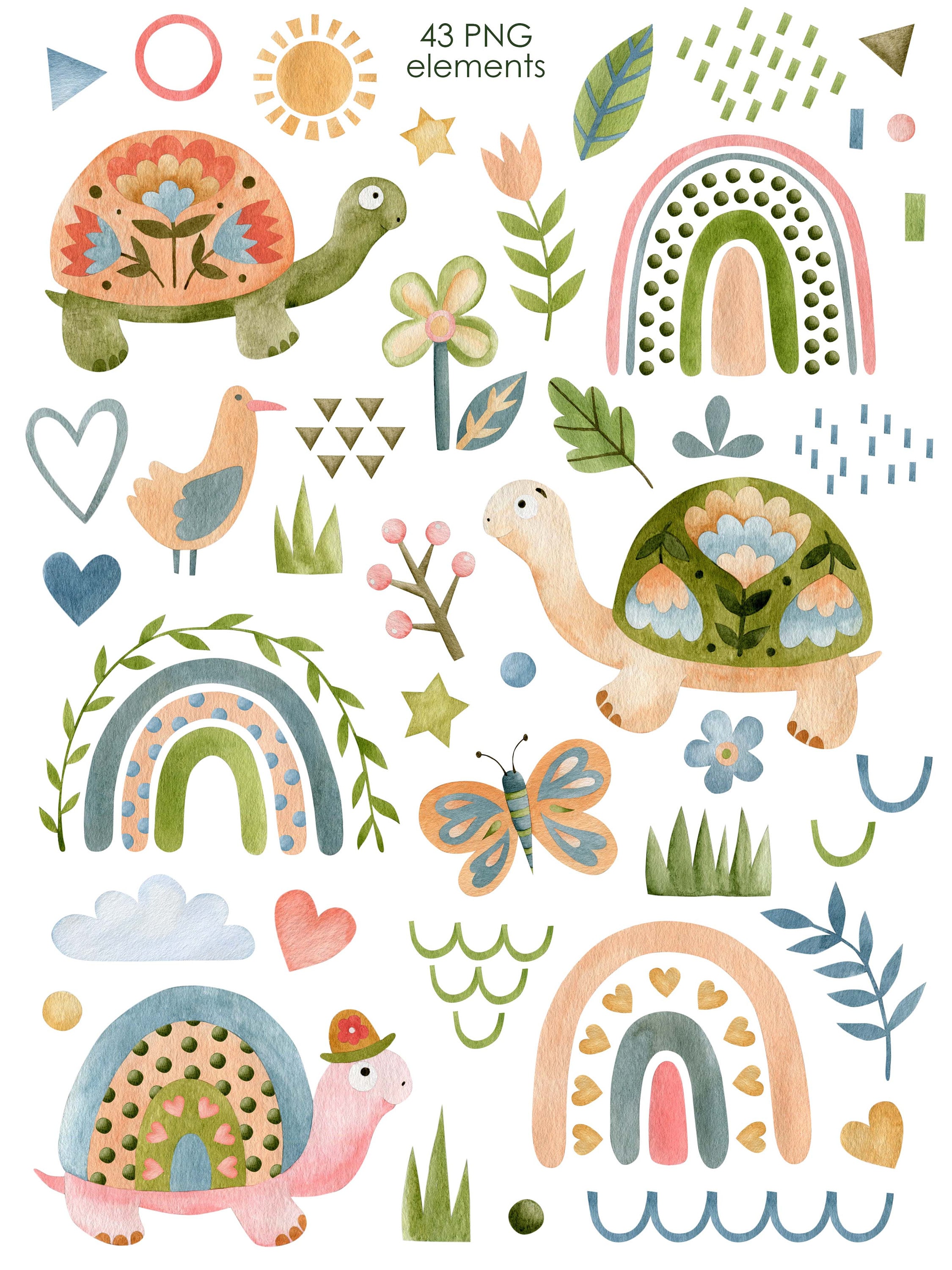 Cute Watercolor Turtle & Rainbow Clipart, Sea Clipart, Underwater ...