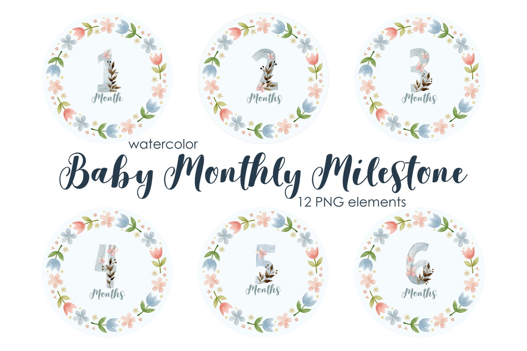 Blue Baby Monthly Milestone, Watercolor Clipart, Baby Shower, Cards ...