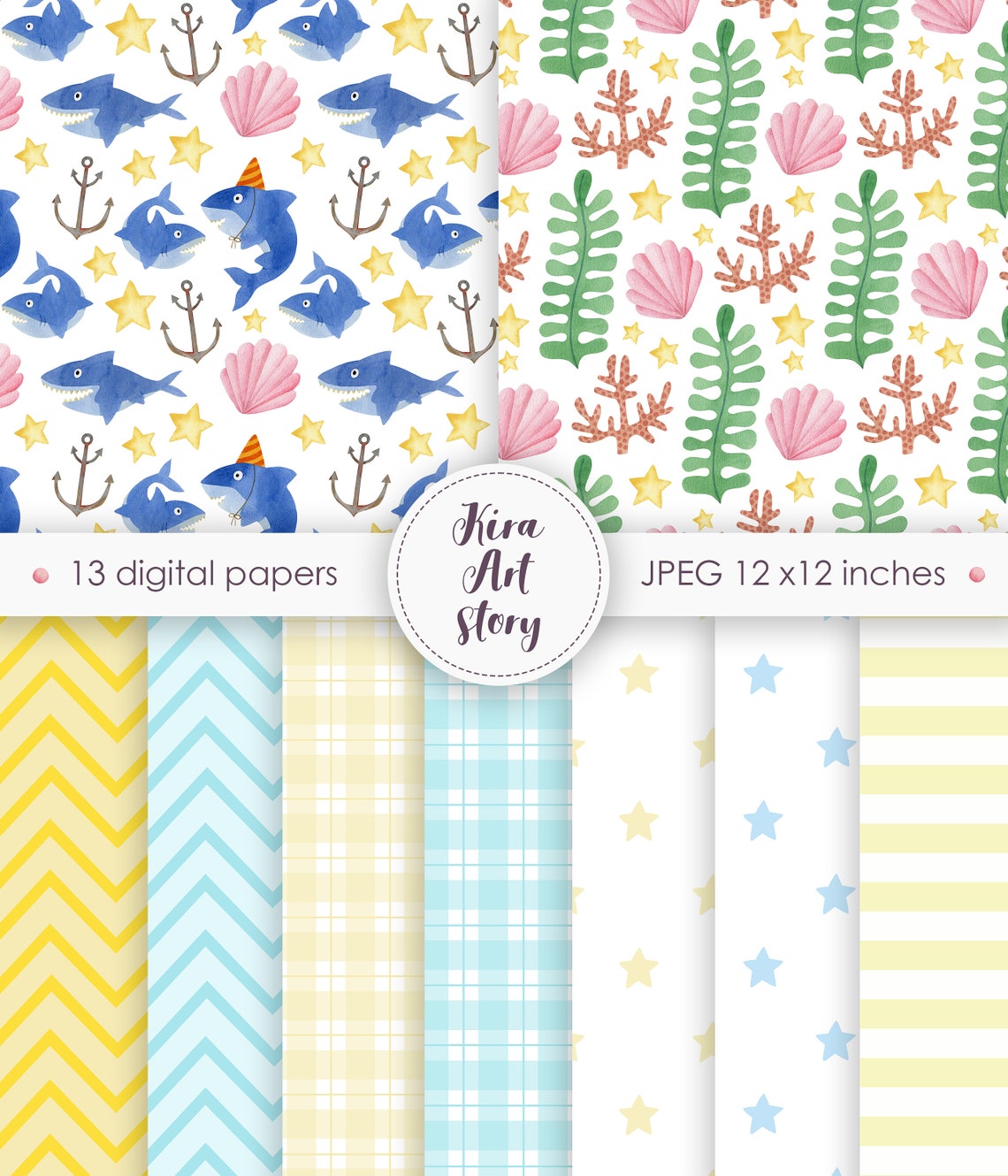 Watercolor Shark Clipart, Shark Clipart, Shark Paper Pack, Baby Shark ...