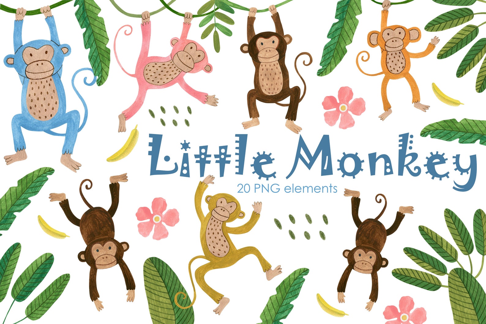 Monkey Clipart, Monkey Png, Gouache Clipart, Jungle Clipart, Watercolor ...