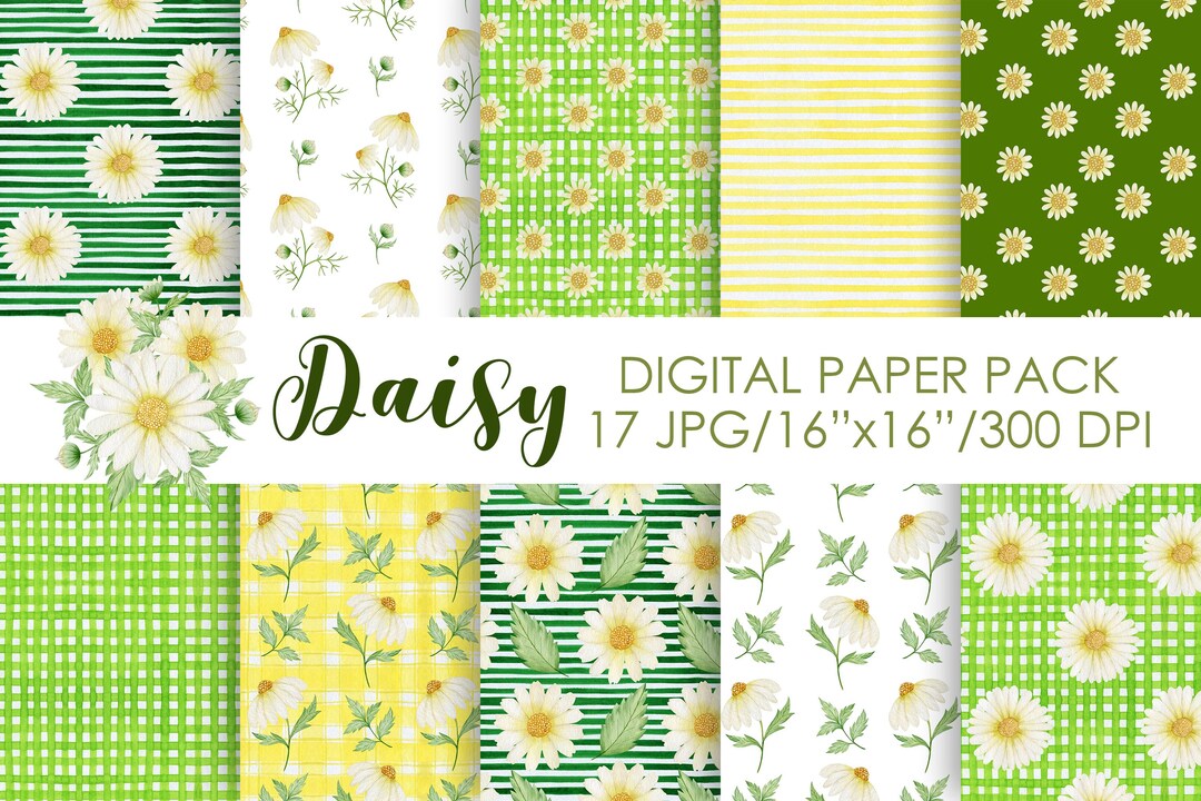 Watercolor Daisy Digital Papers Pack, Chamomile Spring Flowers, Daisy ...