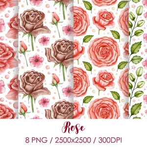 Watercolor Pink Roses Seamless Patterns: Boho Floral Paper (digital ...