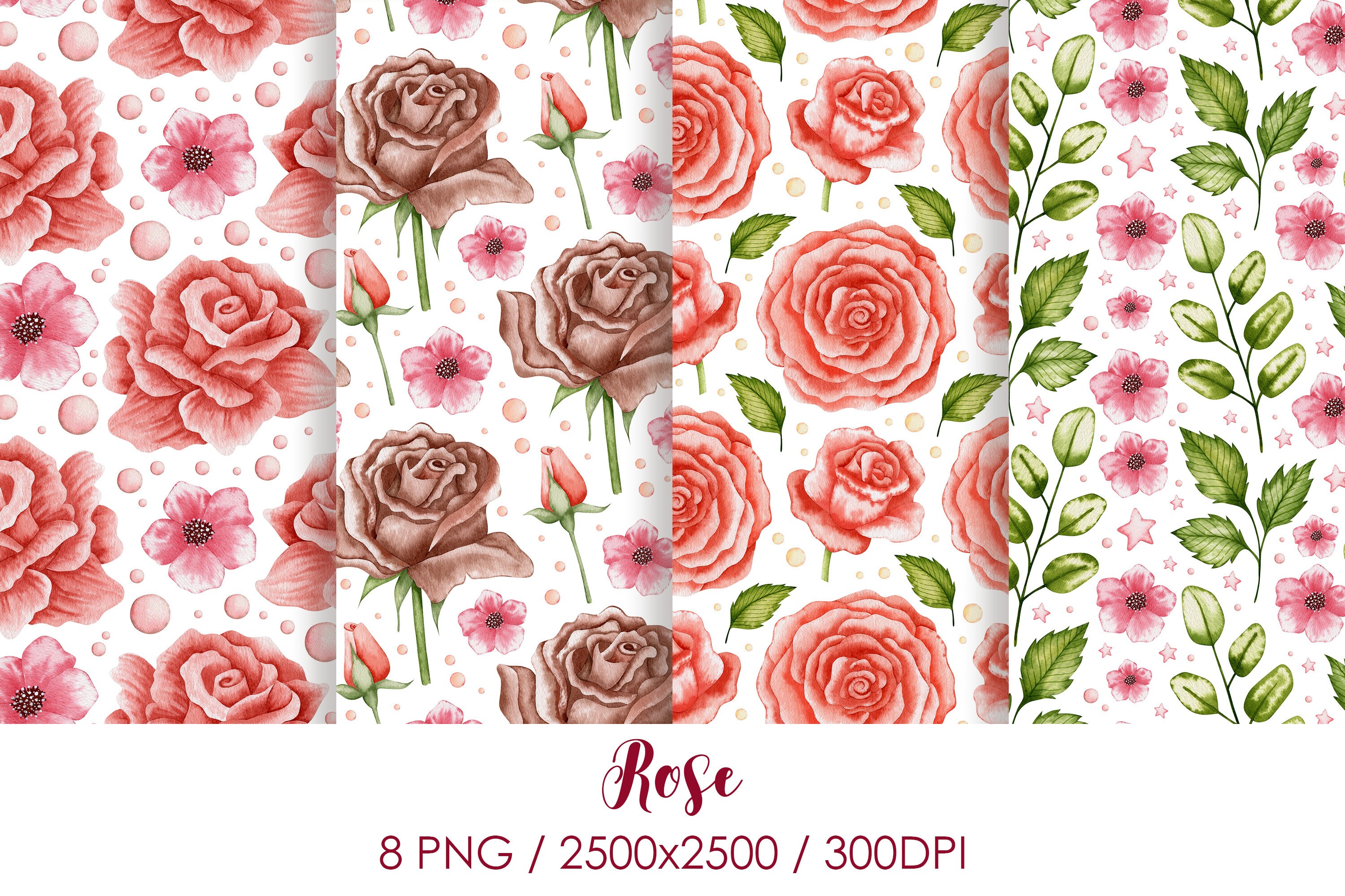 Watercolor Pink Roses Seamless Patterns: Boho Floral Paper (digital ...