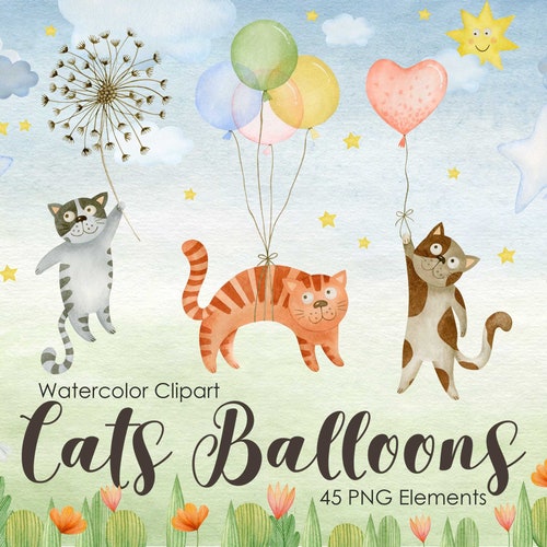 Watercolor Cats Balloons Clipart Kids Party Kitty Baby Air - Etsy