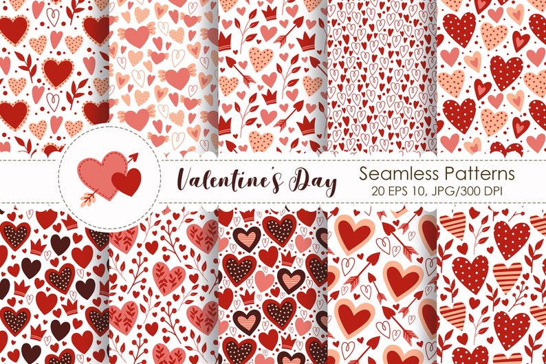 Valentines Day Digital Paper Pack Seamless Heart Pattern Valentines
