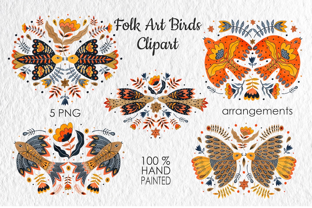 Folk Art Clipart, Birds Clipart Bouquets, Folk Art Birds Bouquets, Folk ...