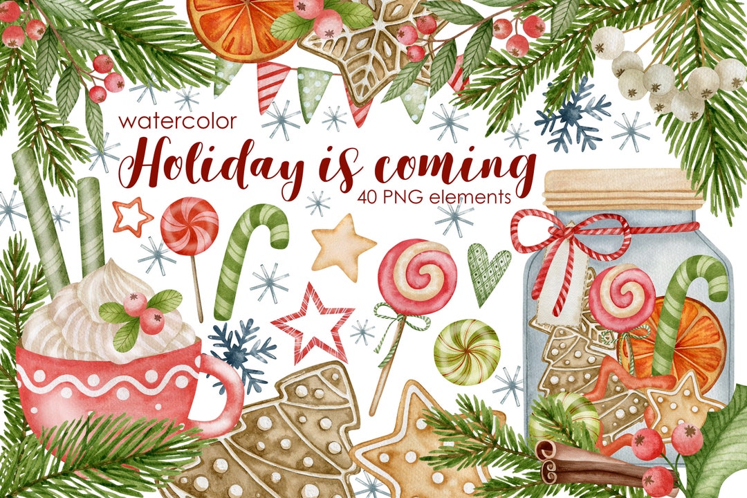Watercolor Merry Christmas Clipart, Holiday is Coming Graphics, Holiday ...