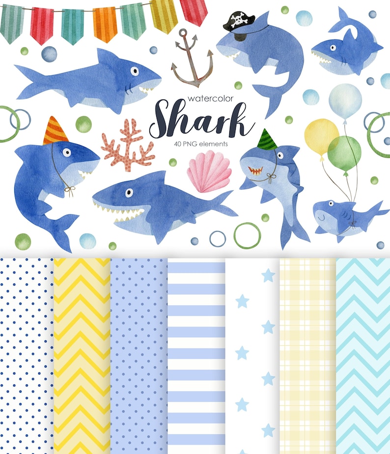 Watercolor Shark Clipart, Shark Clipart, Shark Paper Pack, Baby Shark ...