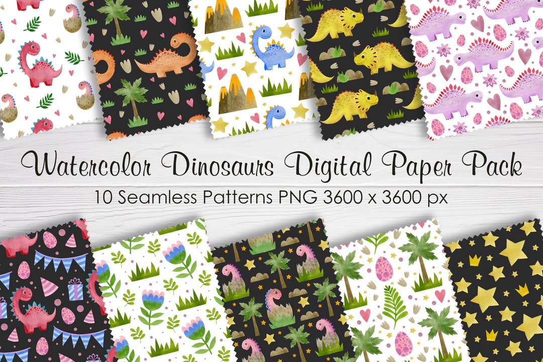Watercolor Dinosaur Digital Paper Pack, Animal Pattern, Dino Scrapbook ...
