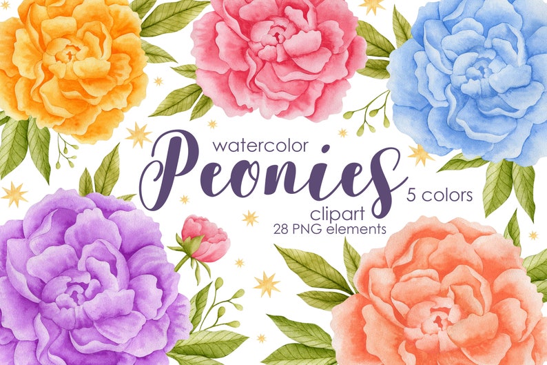 Watercolor Peonies Clipart, Spring Wedding Flowers, Coral, Pink, Blue ...