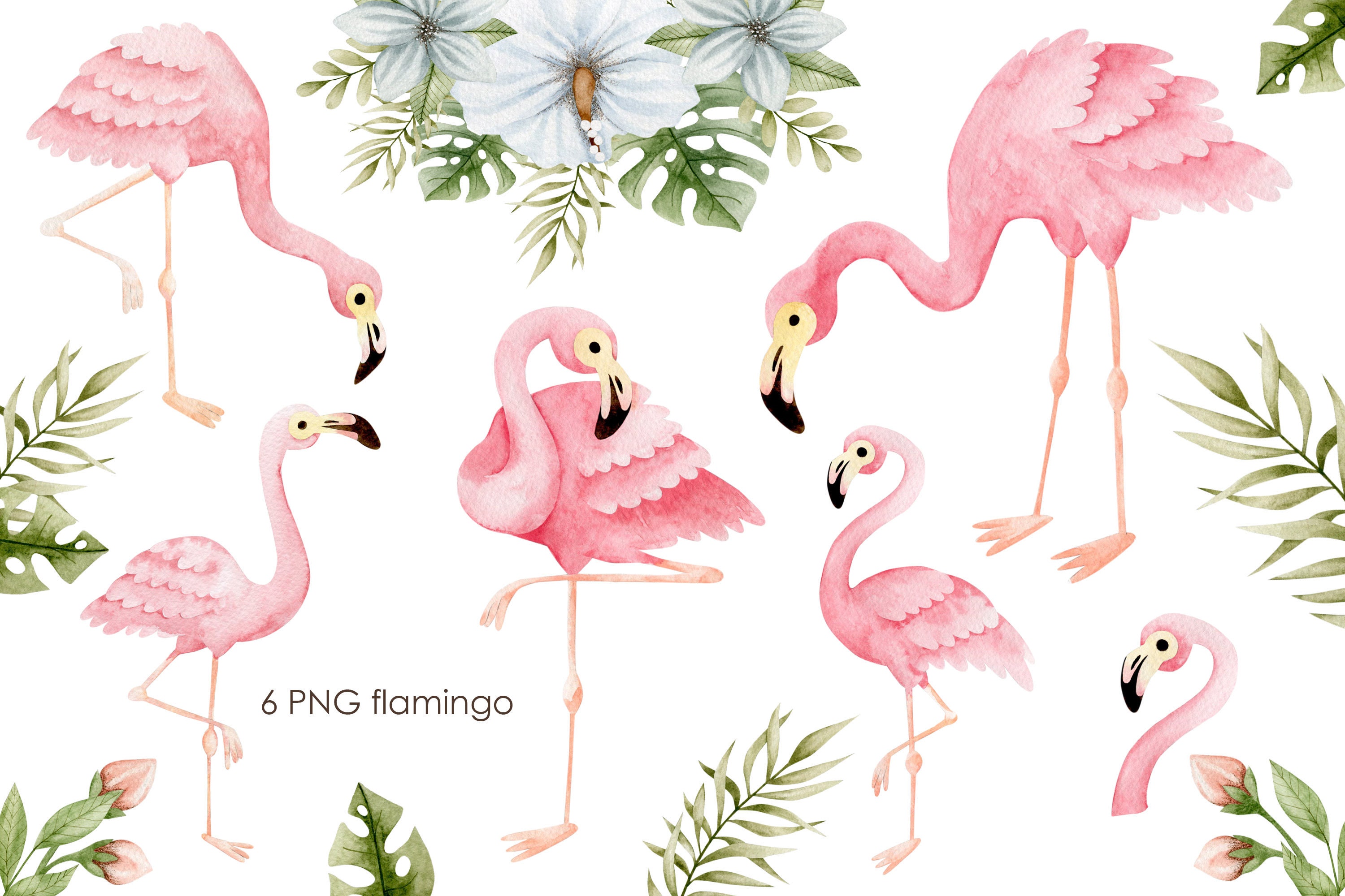 Watercolor Flamingo Clipart, Tropical Summer Clipart, Tropical Floral ...
