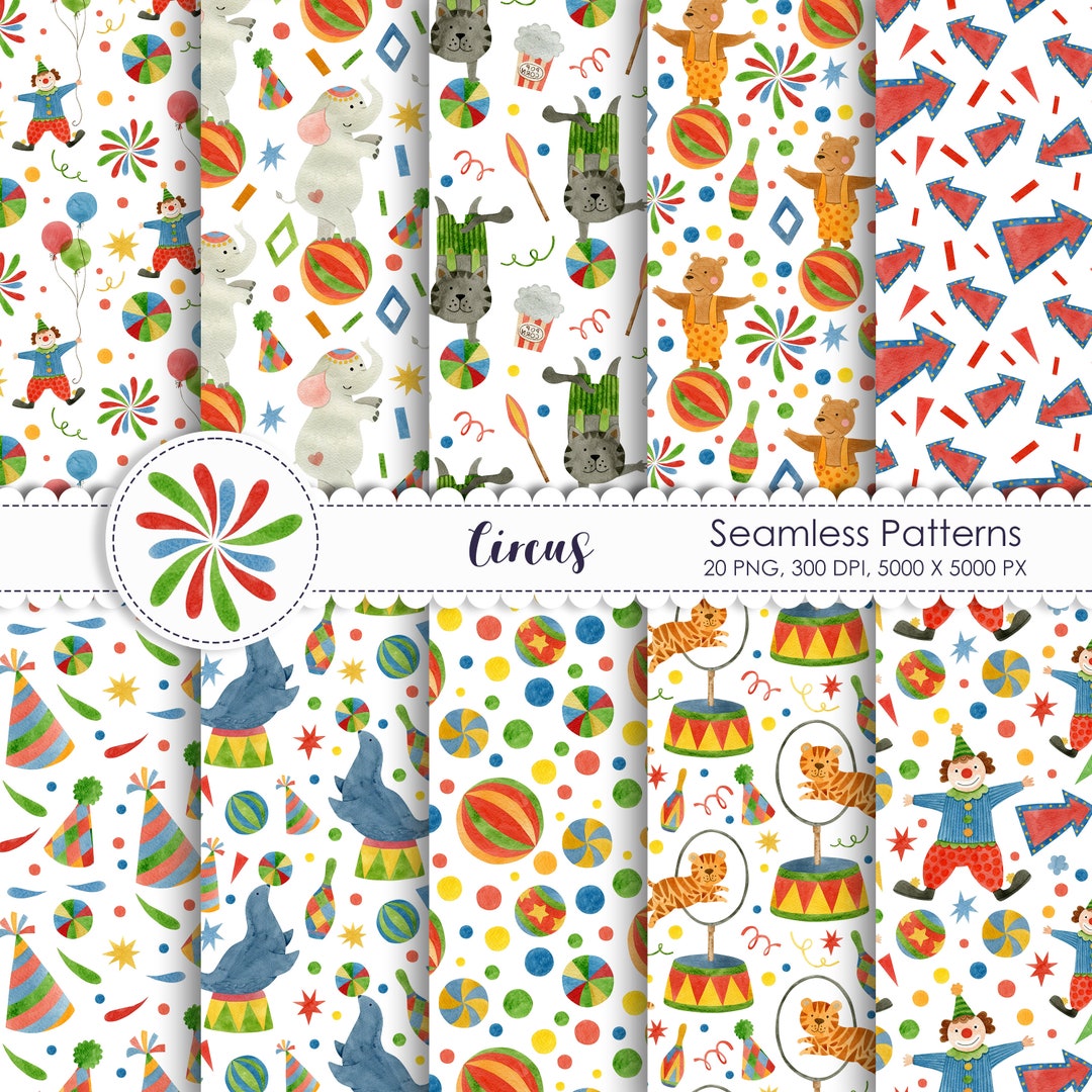 Circus Seamless Pattern, Watercolor Circus Digital Paper, Circus ...