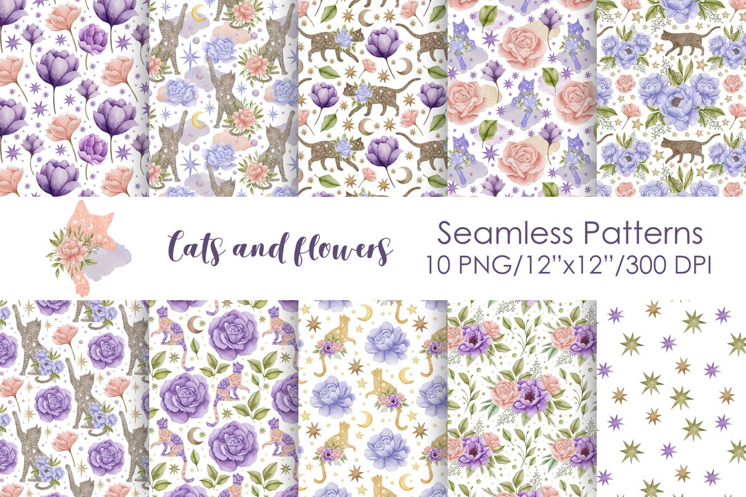 Watercolor Cats and Flowers Seamless Pattern, Cat Digital Paper Pack ...