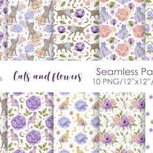 Watercolor Cats and Flowers Seamless Pattern, Cat Digital Paper Pack ...