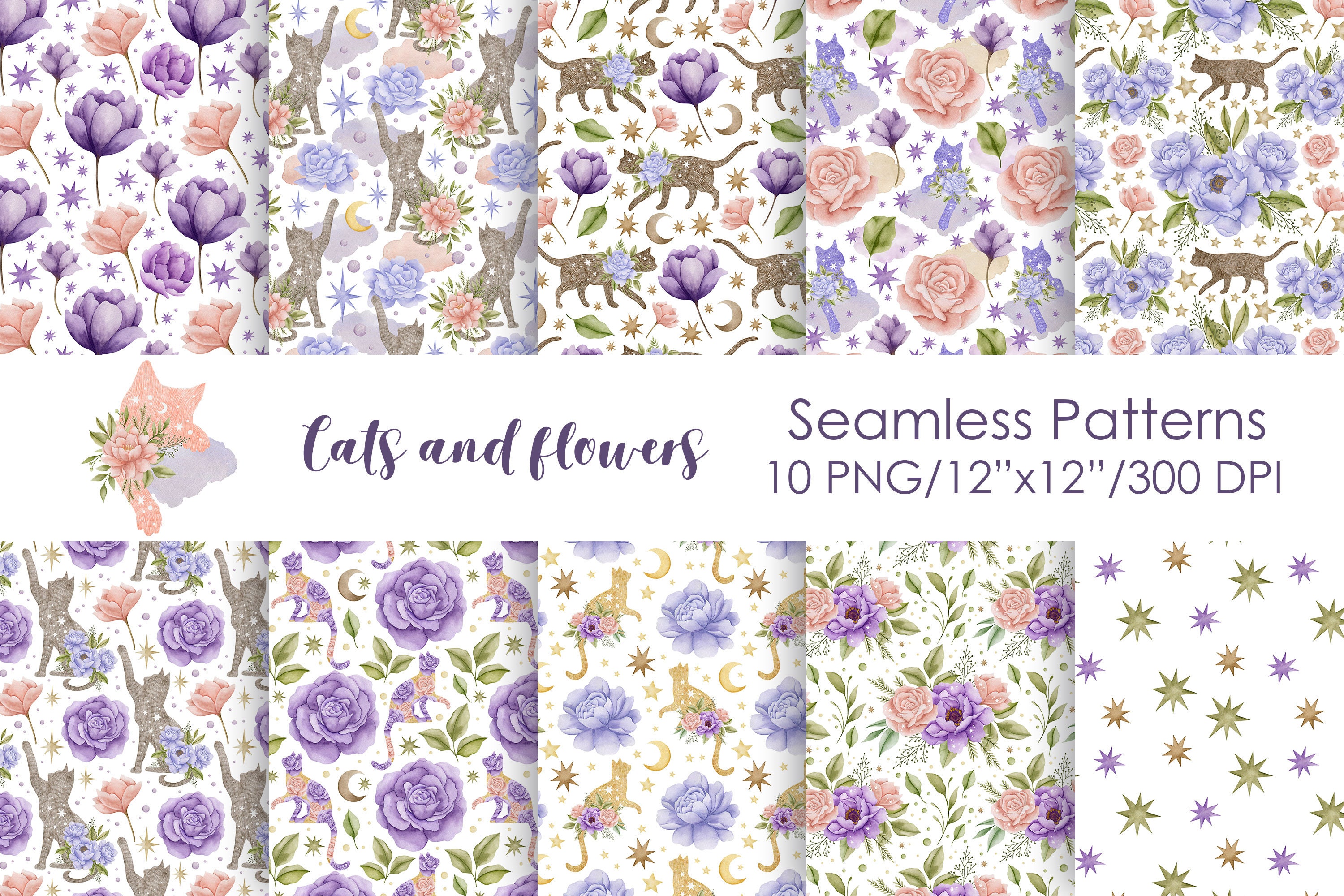 Watercolor Cats and Flowers Seamless Pattern: Digital Paper (PNG) - Etsy