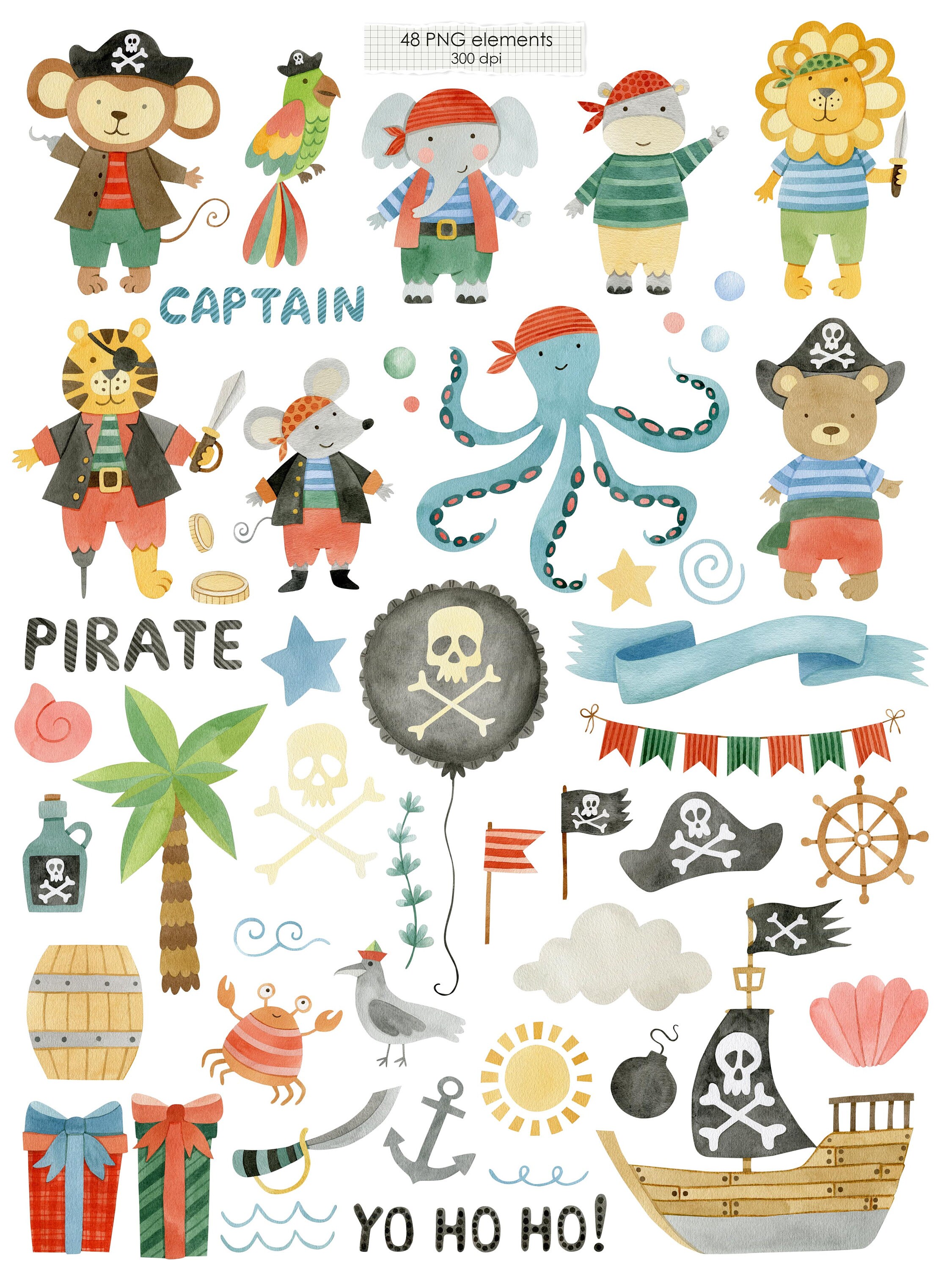 Watercolor Pirates Clipart, Instant Download, Pirate Ship, Pirate Party ...