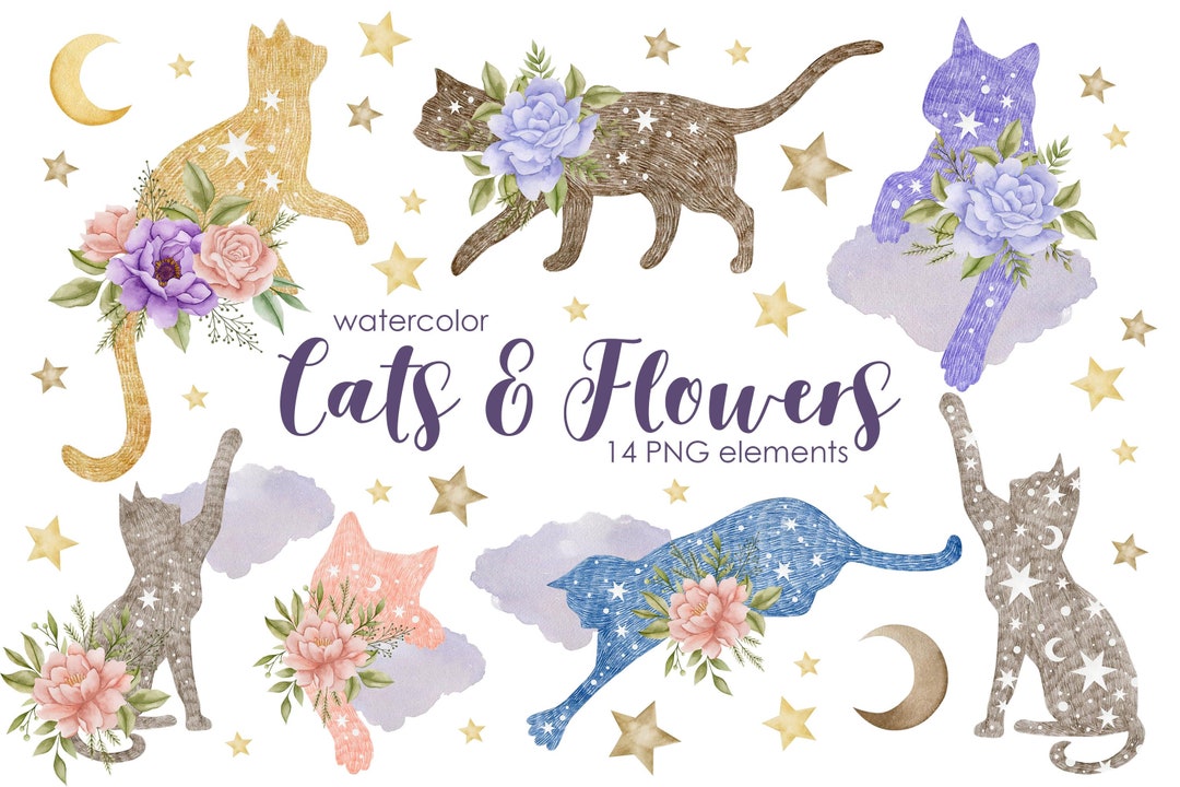 Watercolor Cats and Flowers Clipart Flower Clipart Cats - Etsy