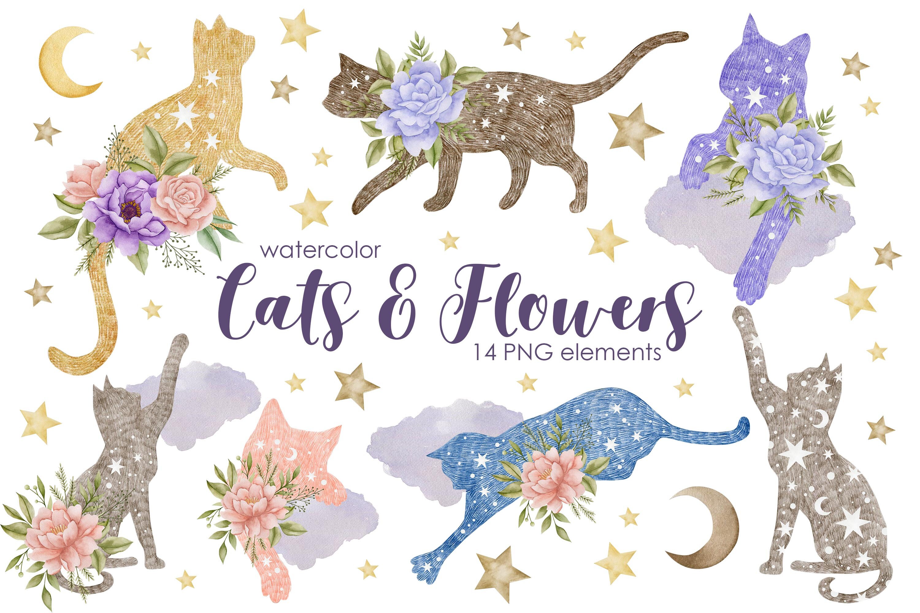 Watercolor Cats and Flowers Clipart Flower Clipart Cats - Etsy