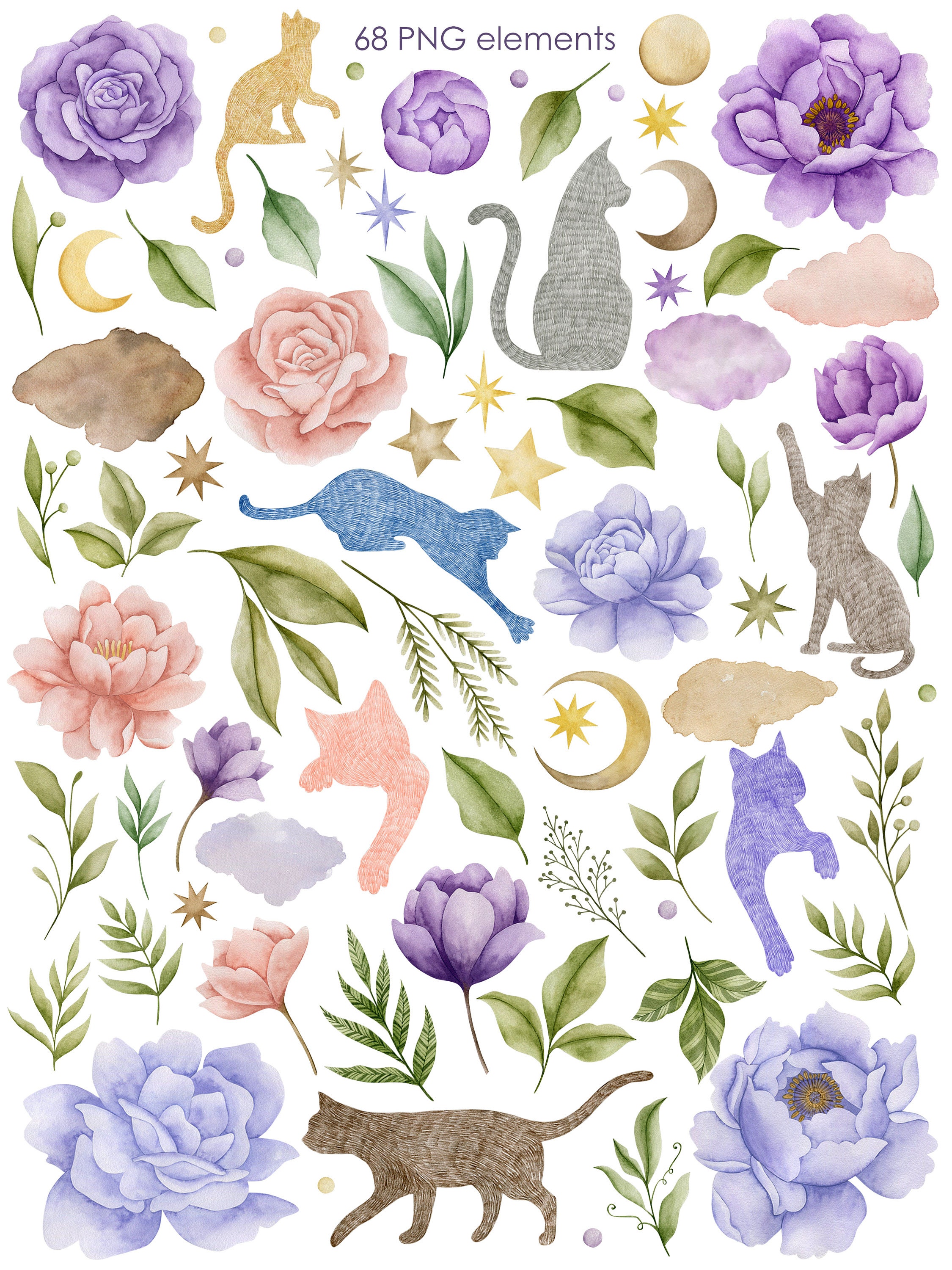 Watercolor Cats and Flowers Clipart, Flower Clipart, Cats Clipart, Cat ...