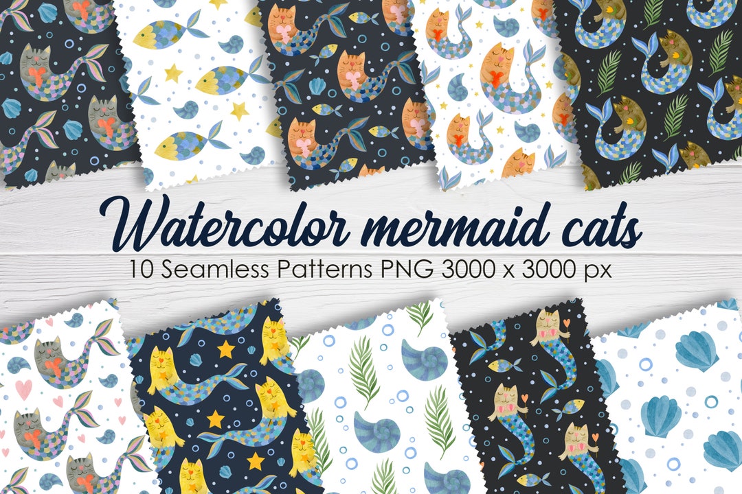 Watercolor Mermaid Cat Seamless Patterns,mermaid Paper Pack, Sea ...