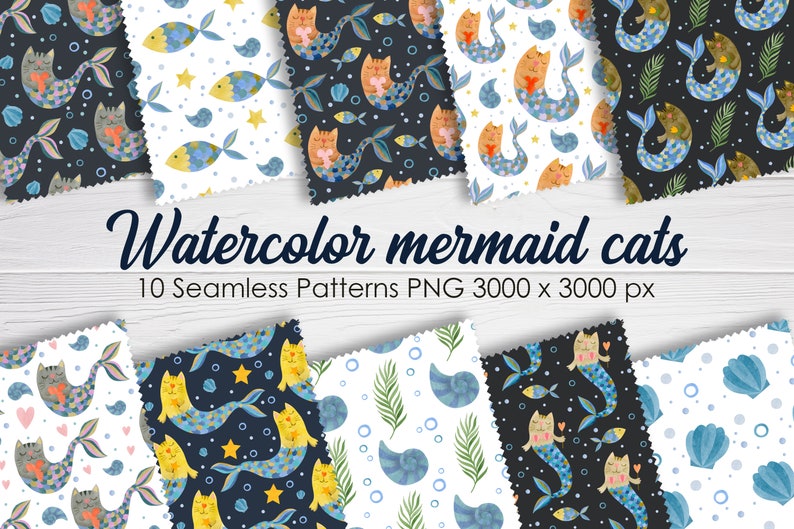 Watercolor Mermaid Cat Seamless Patterns,mermaid Paper Pack, Sea ...