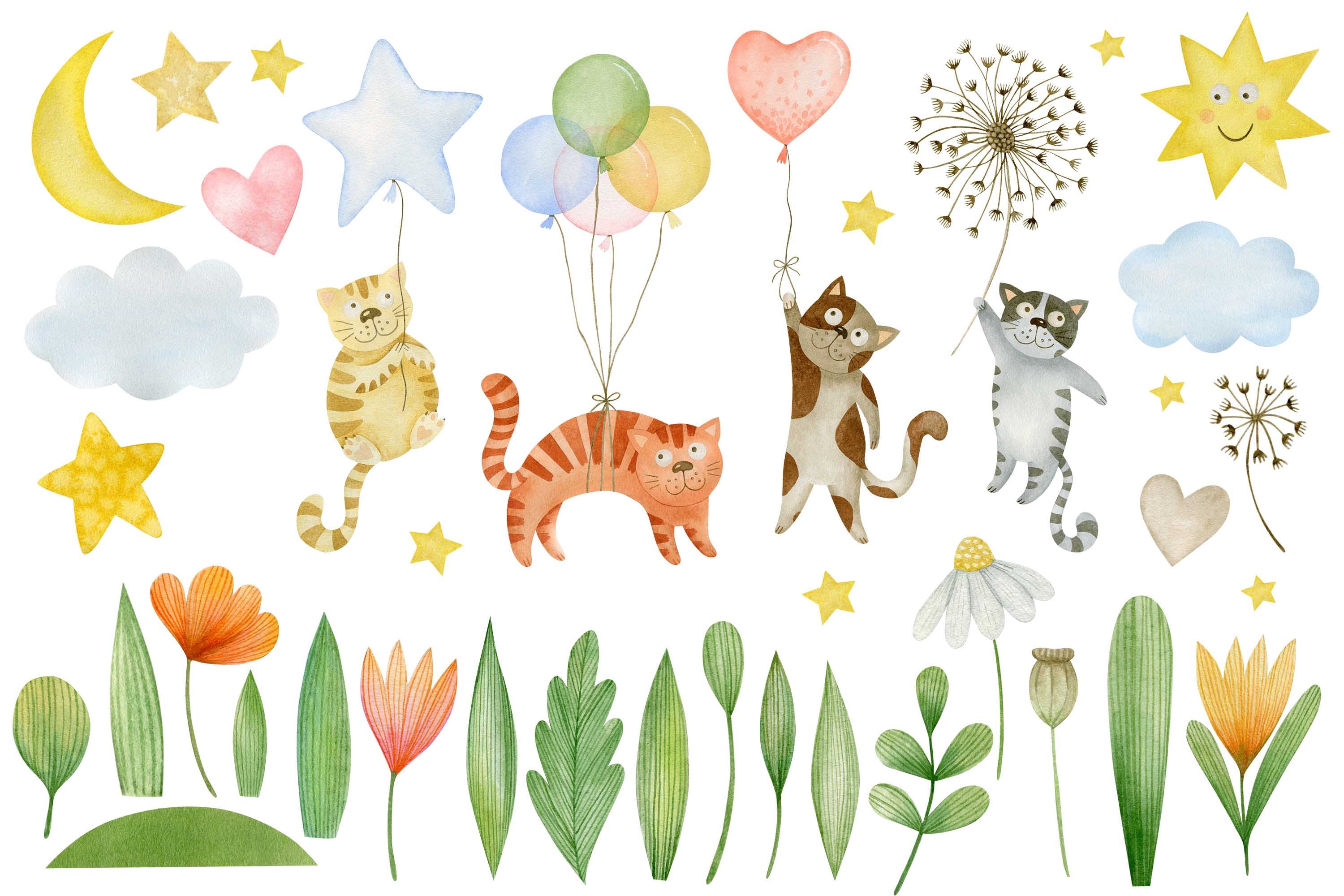 Watercolor Cats Balloons Clipart Kids Party Kitty Baby Air | Etsy