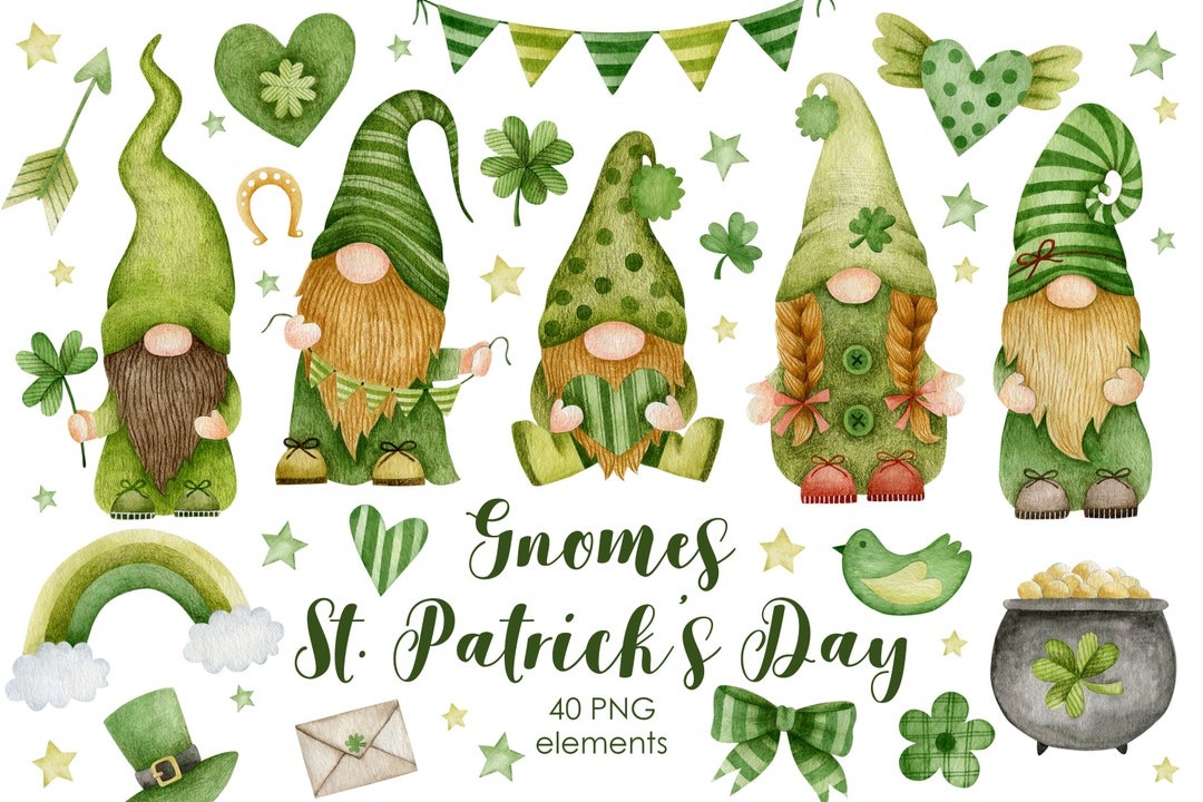 Watercolor Gnomes St. Patrick's Day Clipart, Shamrock, Clover Clipart ...