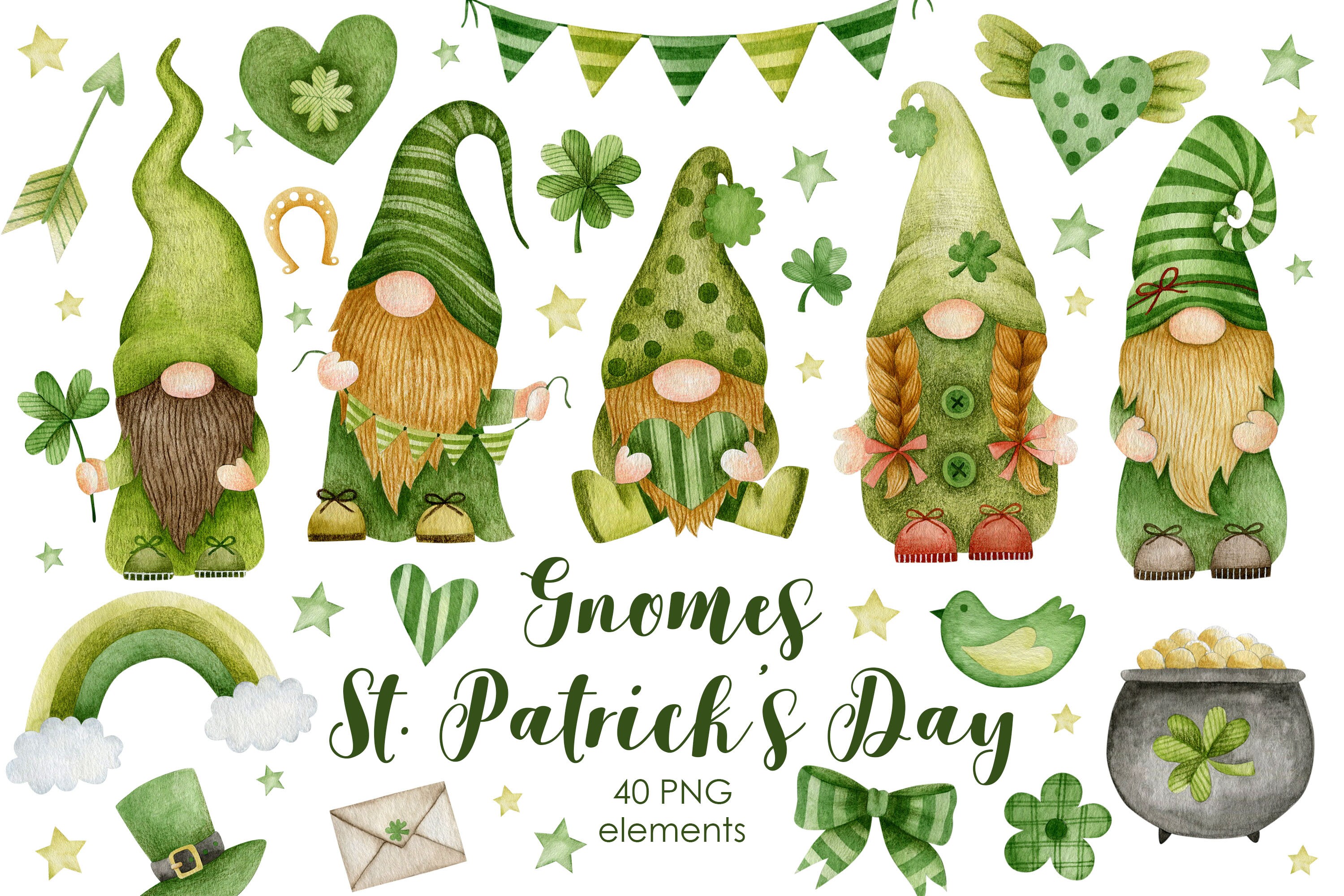 Watercolor Gnomes St. Patrick's Day Clipart, Shamrock, Clover Clipart ...