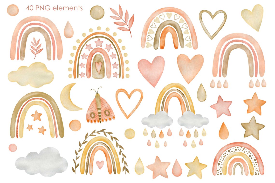Watercolor Boho Rainbow Clipart Watercolour Pastel Rainbow | Etsy