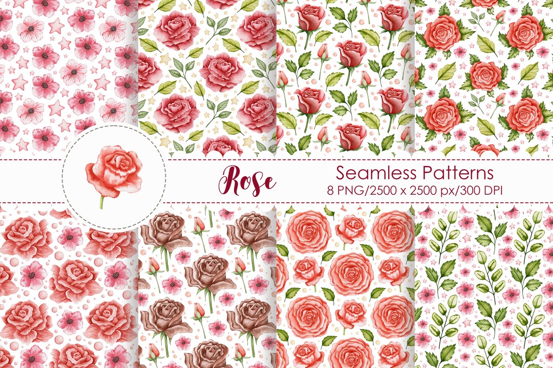 Watercolor Pink Roses Seamless Patterns: Boho Floral Paper (digital ...
